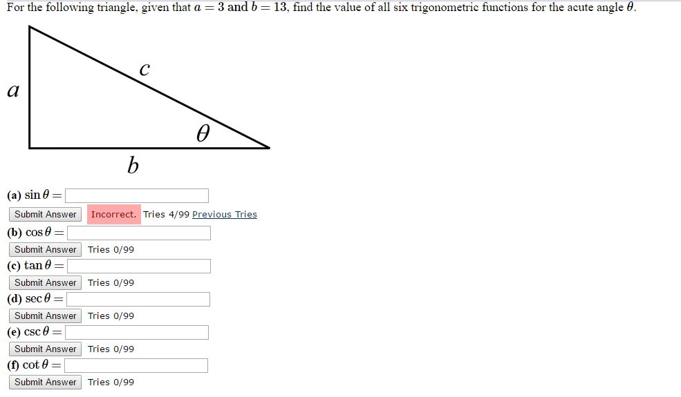 Solved For the following triangle, given that a = 3 and b = | Chegg.com