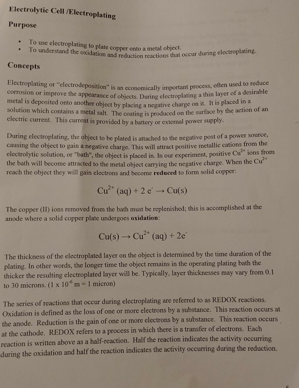 Solved Electrolytic Cell /Electroplating Purpose To use | Chegg.com