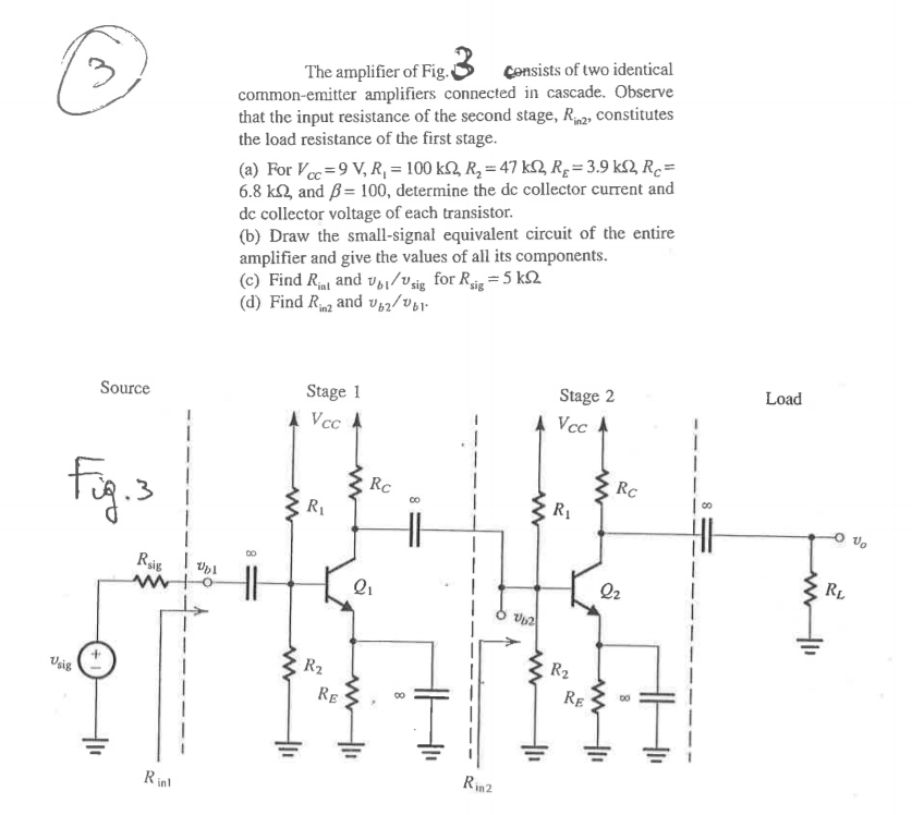 Solved The amplifier of Fig 3 consists of two identical | Chegg.com