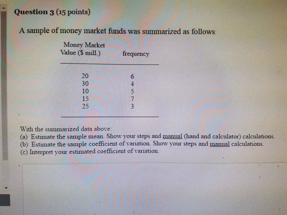 Solved A sample of money market funds was summarized as | Chegg.com
