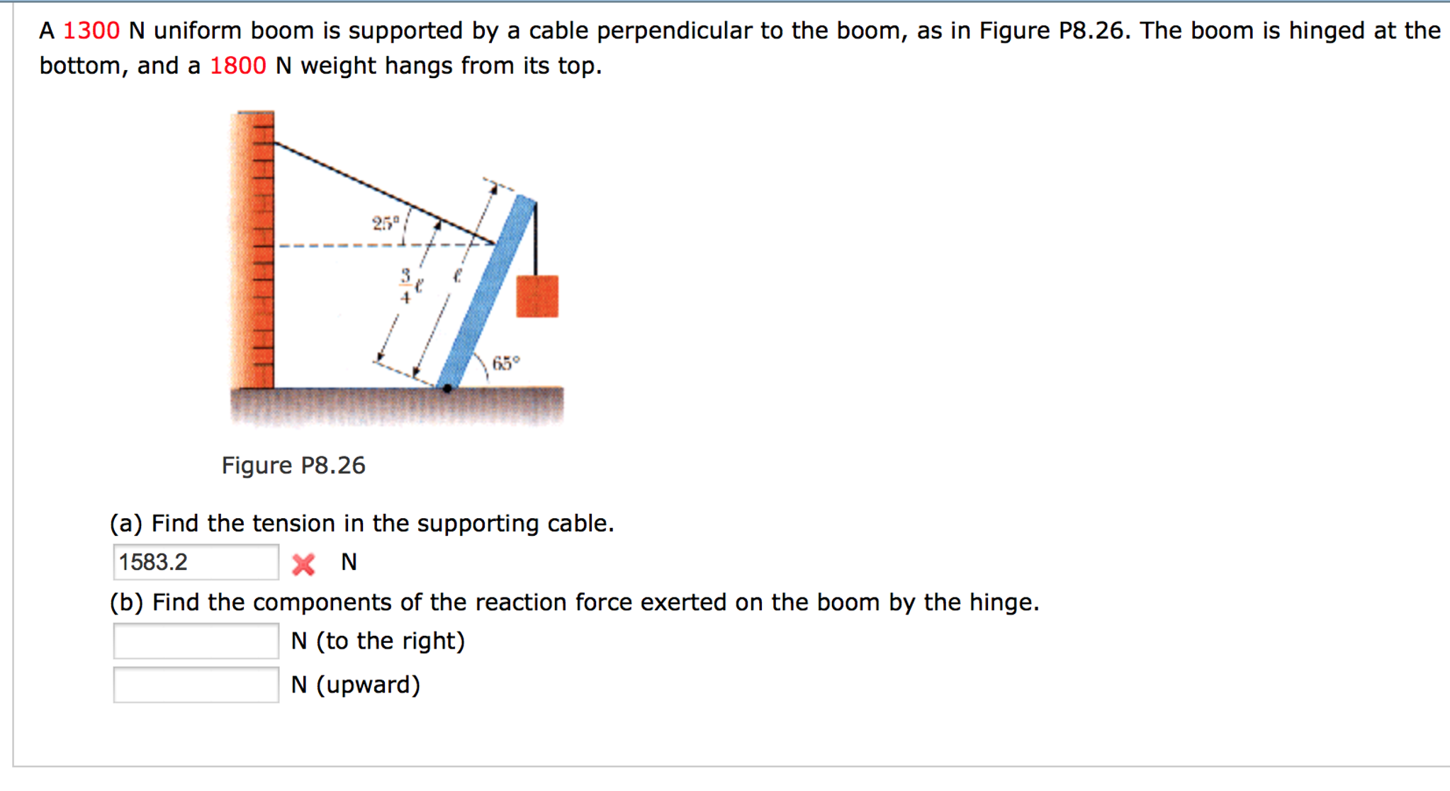 Solved A 1300 N uniform boom is supported by a cable | Chegg.com