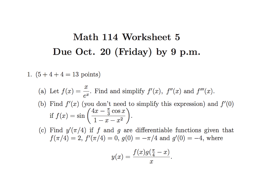 Solved Math 114 Worksheet 5 Due Oct. 20 (Friday) by 9 p.m 1. | Chegg.com