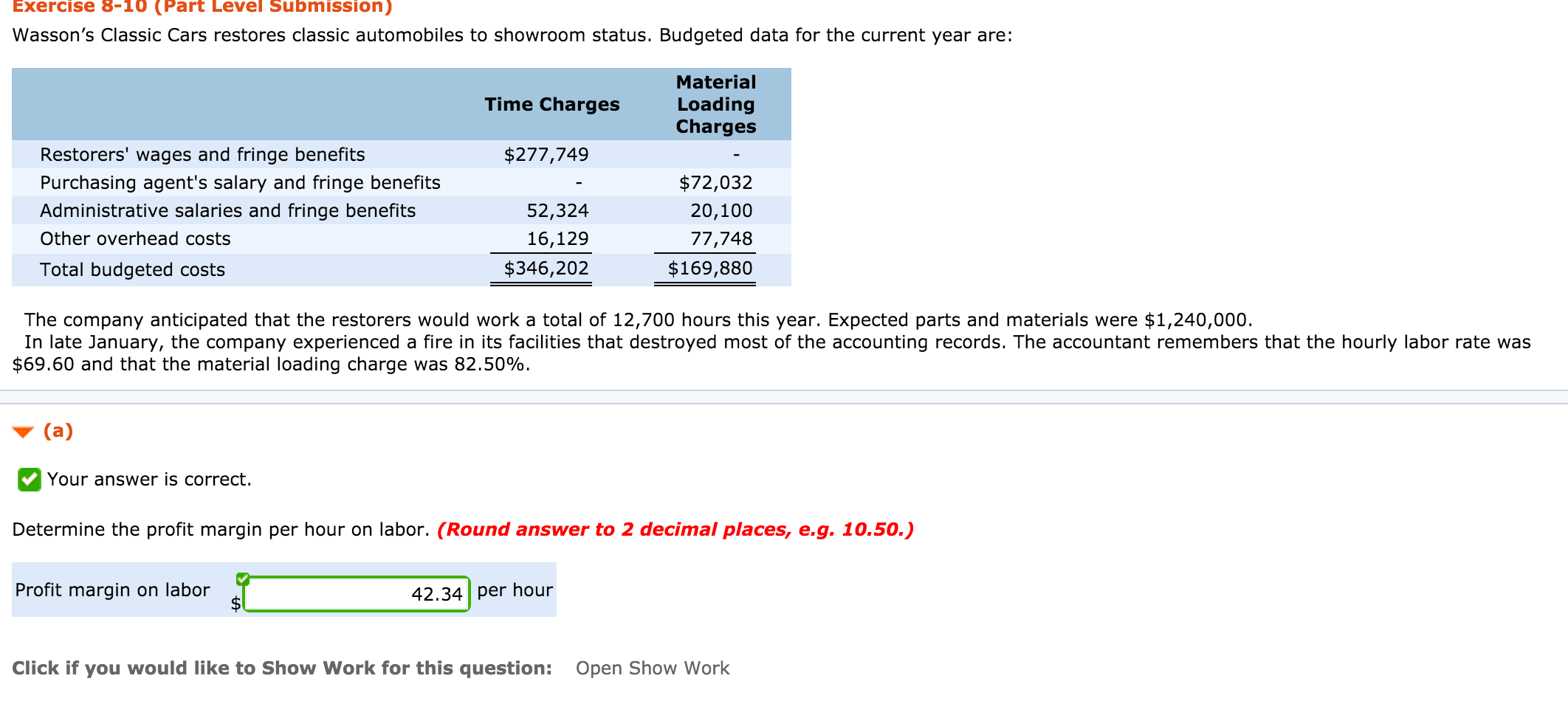 Solved Exercise 8-10 (Part Level Submission Wasson's Classic | Chegg.com