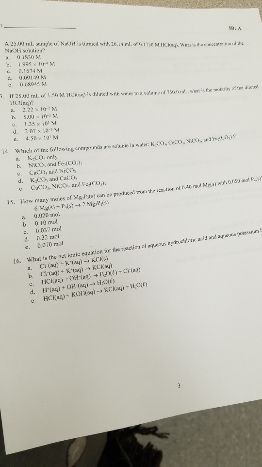 Solved A 25.00 mL sample of NaOH is titrated with 26.14 ml, | Chegg.com