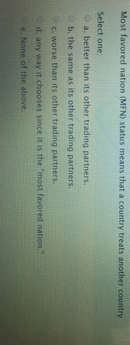 Solved Most favored nation (MFN) status means that a country | Chegg.com