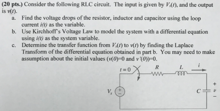 Solved (20 pts.) Consider the following RLC circuit. The | Chegg.com