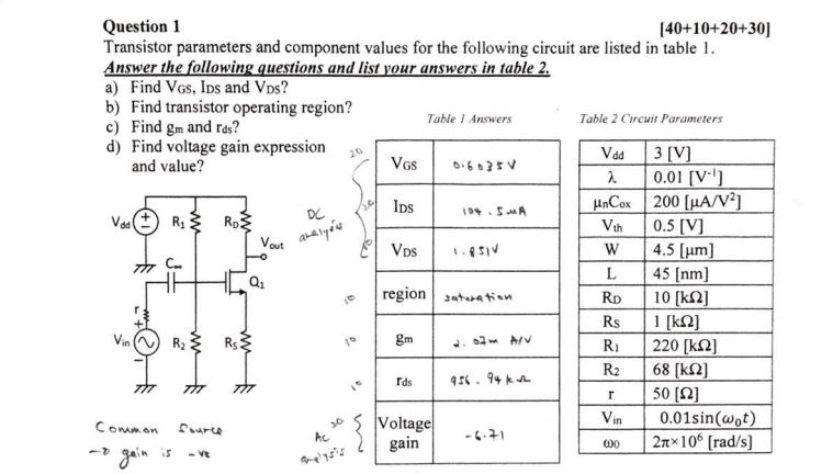 Solved Question 1 Transistor parameters and component values | Chegg.com