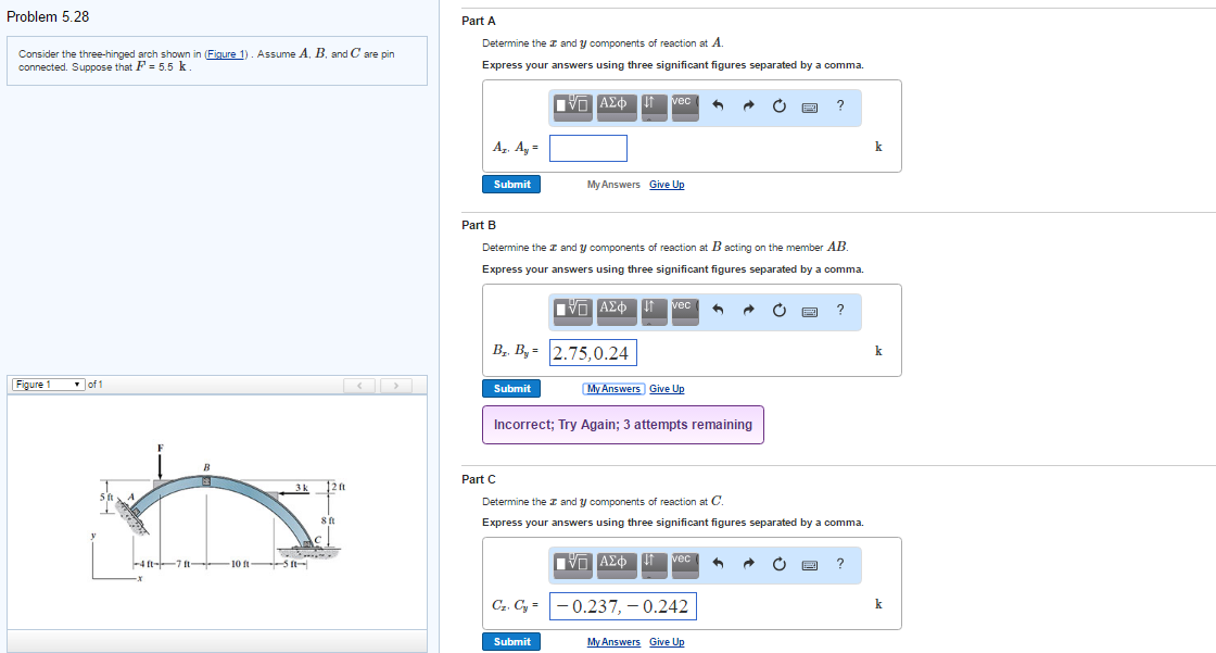 Solved Consider the three-hinged arch shown in. Assume A, B, | Chegg.com