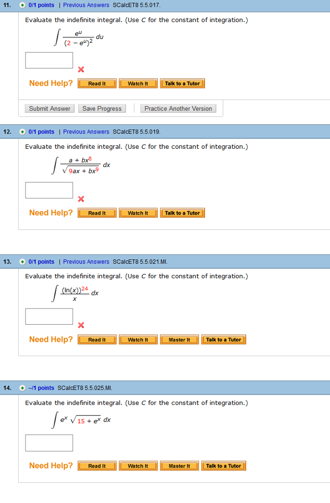 Solved 11 0/1 points I Previous Answers SCalcET8 5.5.017 | Chegg.com