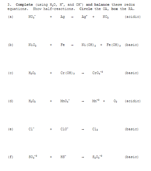 Solved 3. Complete (using H20, H, and OF) and balance these | Chegg.com