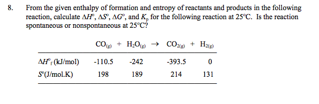 Solved 8.From the given enthalpy of formation and entropy of | Chegg.com