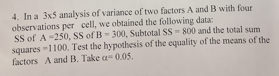Solved 4. In a 3x5 analysis of variance of two factors A and | Chegg.com
