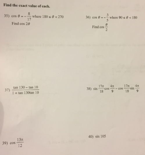 Solved Find the exact value of each. 35) cos θ where 180 s θ | Chegg.com