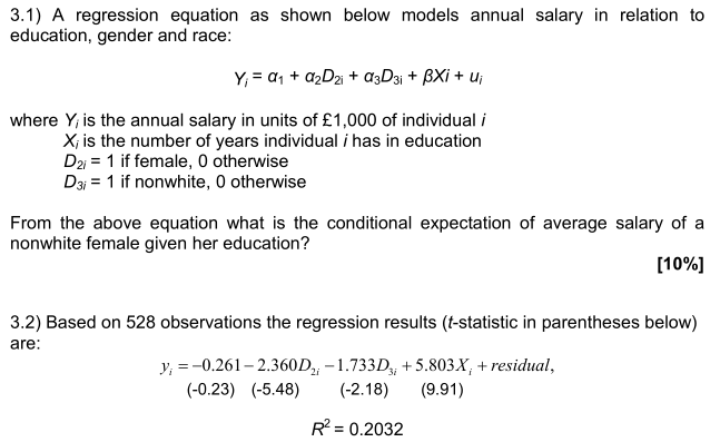 3.1) A regression equation as shown below models | Chegg.com