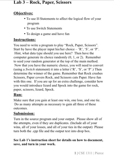 Solved Lab 3 - Rock, Paper, Scissors Objectives: To use | Chegg.com