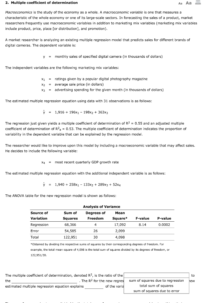 Solved 2. Multiple coefficient of determination | Chegg.com