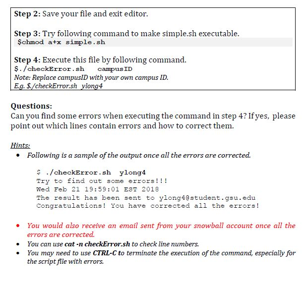 Step 1: Create a new file named as checkError.sh (vi | Chegg.com