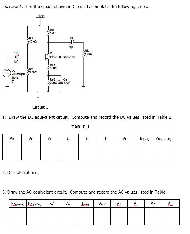 Solved For the circuit shown in Circuit 1, complete the | Chegg.com