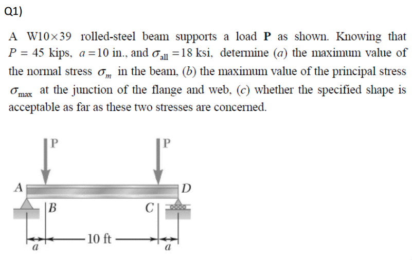 Solved A W10x39 rolled steel beam supports a load P as | Chegg.com