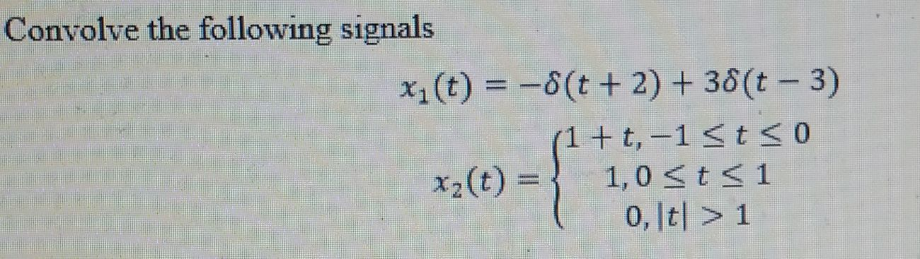 Solved Convolve the following signals x_1(t) = -delta(t + 2) | Chegg.com