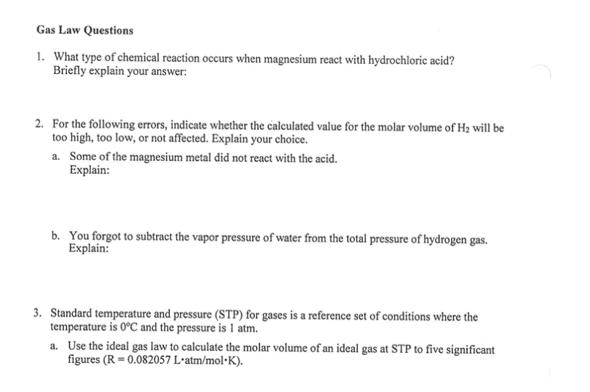 Solved Gas Law Questions What type of chemical reaction | Chegg.com