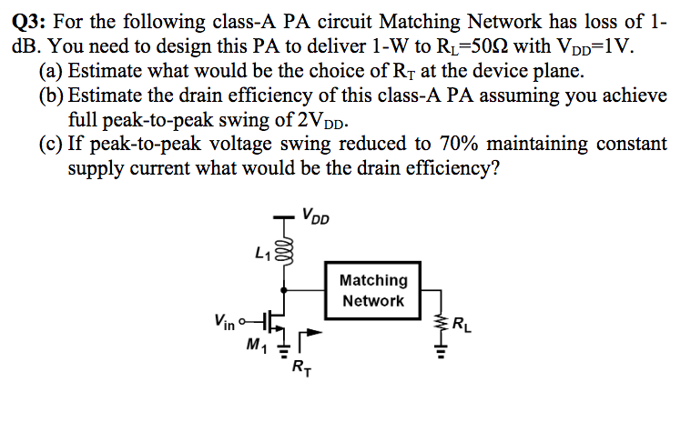 Solved For the following class-A PA circuit Matching Network | Chegg.com