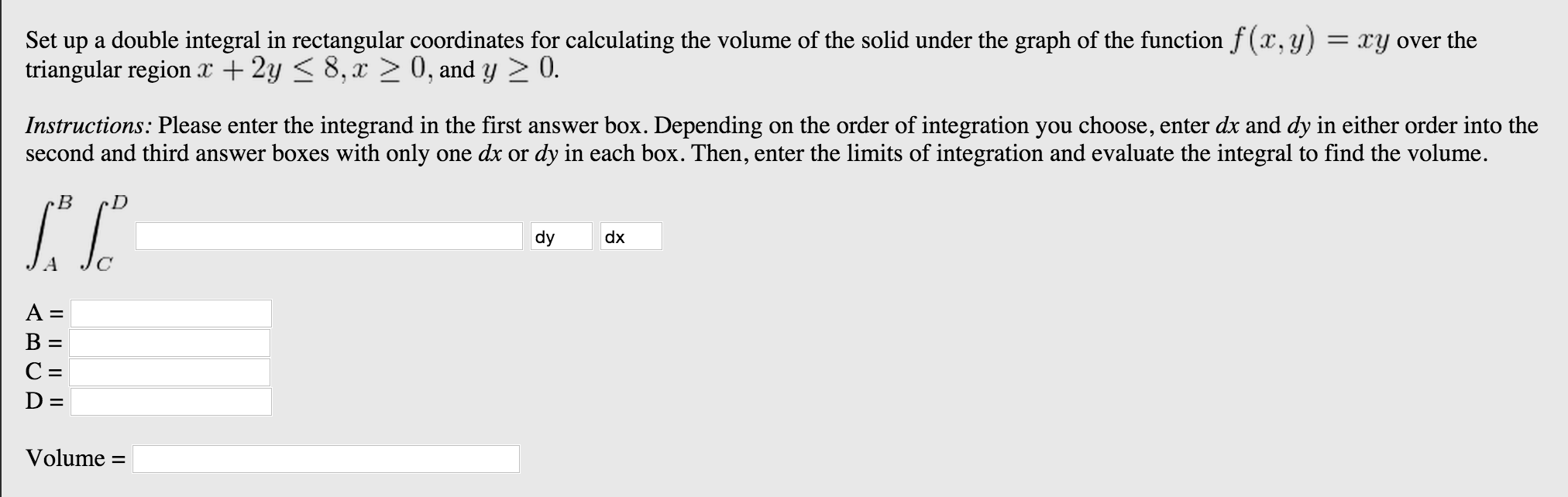 Solved Set up a double integral in rectangular coordinates | Chegg.com
