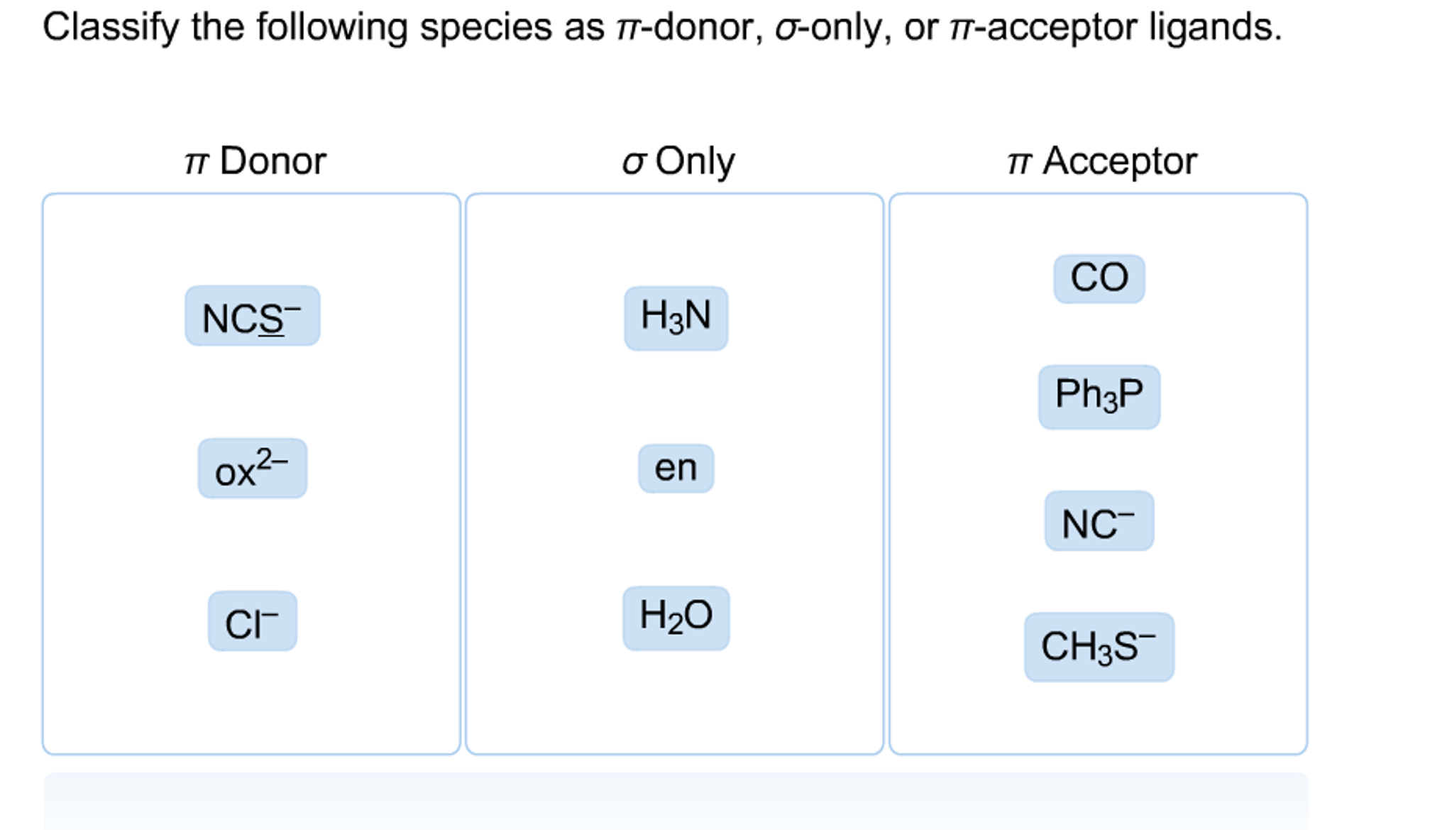 Solved Classify the following species as pi-donor, | Chegg.com