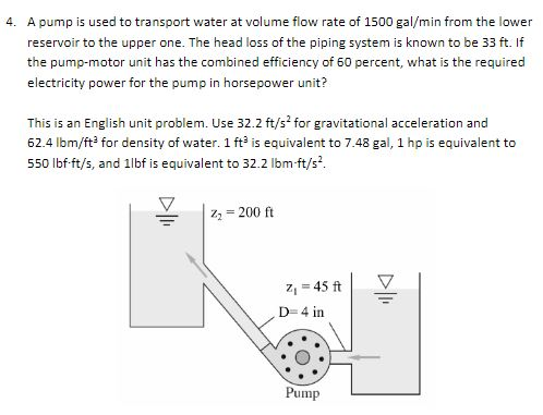 Solved A pump is used to transport water at volume flow rate | Chegg.com