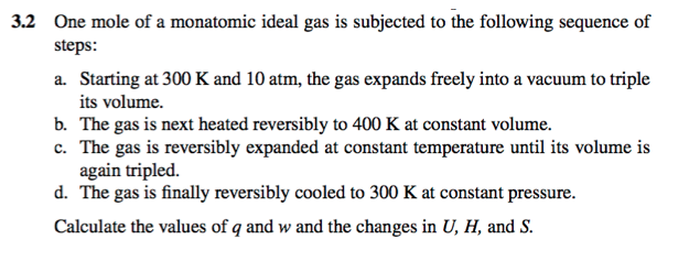 Solved One mole of a monatomic ideal gas is subjected to the | Chegg.com