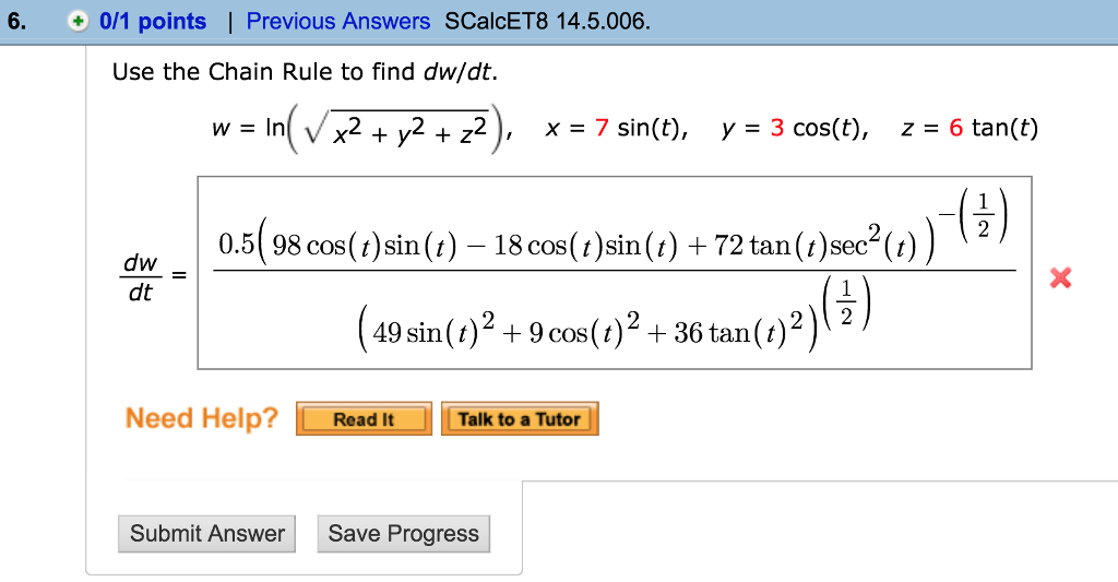 Solved 6. 6. 0/1 points Previous Answers SCalcET8 14.5.006 | Chegg.com