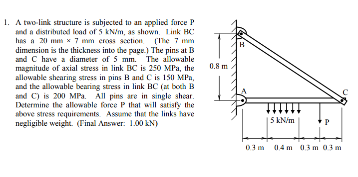 Solved 1. A two-link structure is subjected to an applied | Chegg.com
