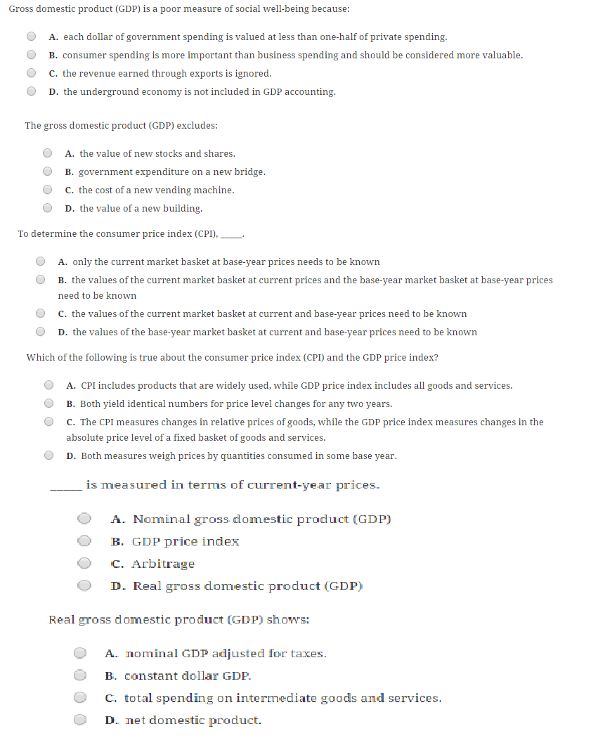 Solved Gross domestic product (GDP) is a poor measure of | Chegg.com