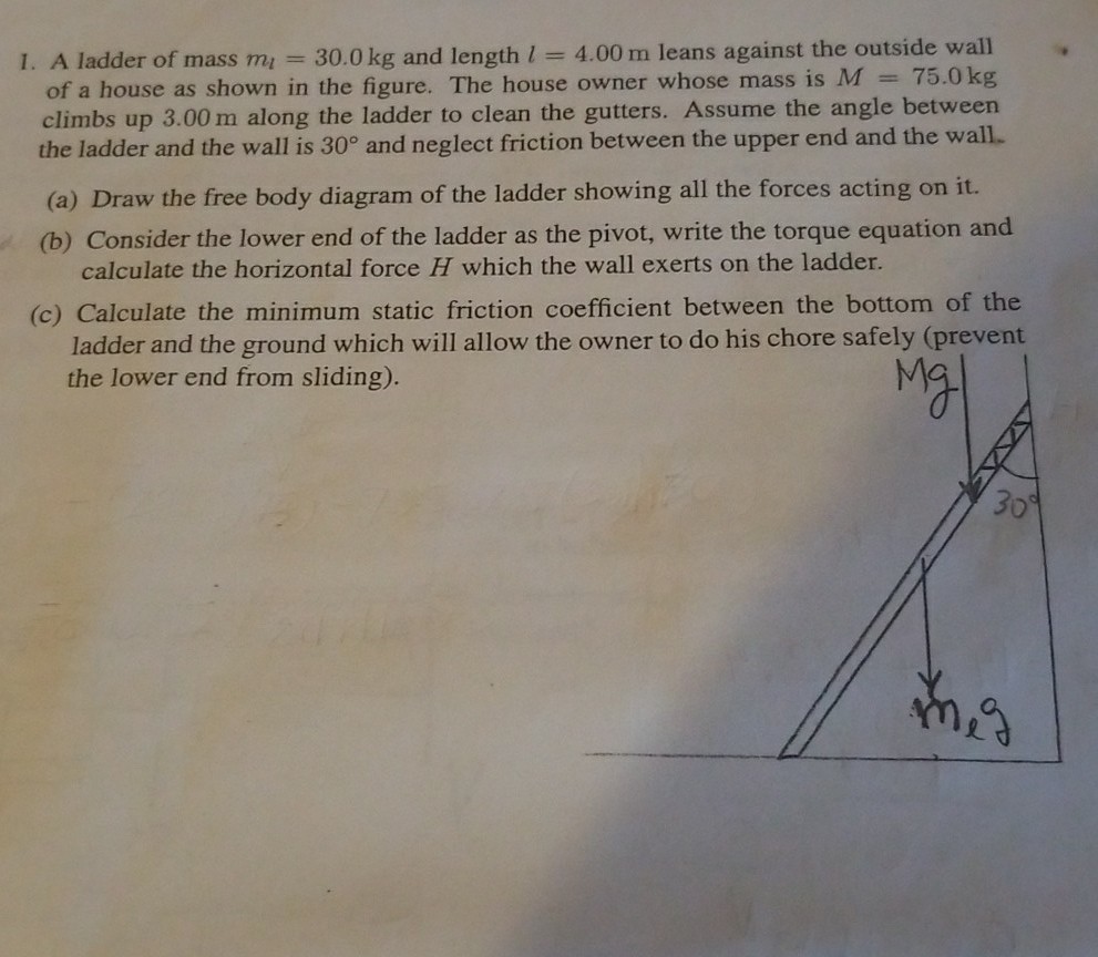 Solved 1. A ladder of mass ma = 30.0 kg and length 1-4.00 m | Chegg.com