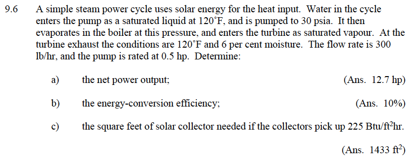 Solved A simple steam power cycle uses solar energy for the | Chegg.com