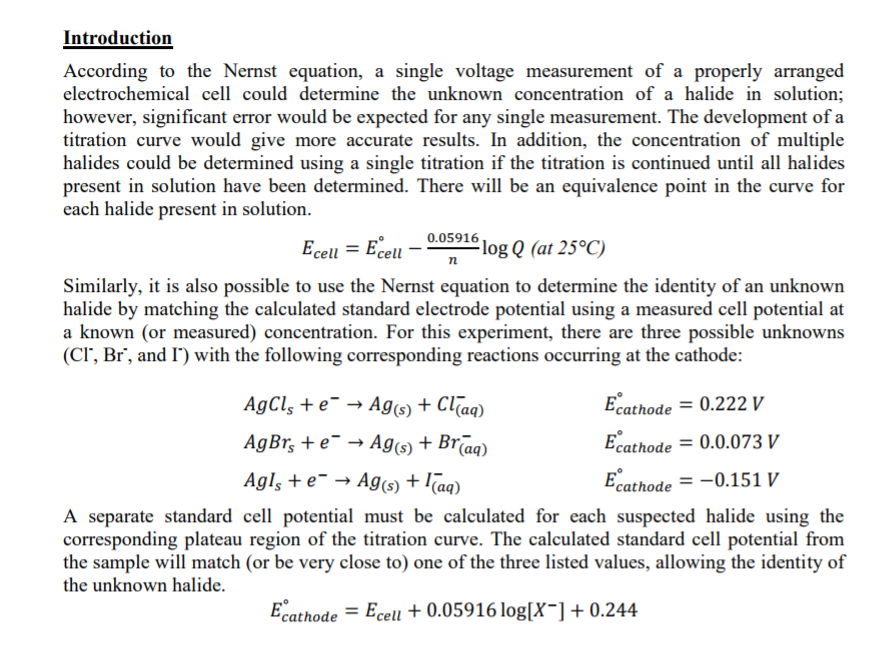 Solved Introduction According to the Nernst equation, a | Chegg.com