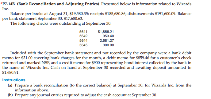 Solved *P7-14B (Bank Reconciliation and Adjusting Entries) | Chegg.com