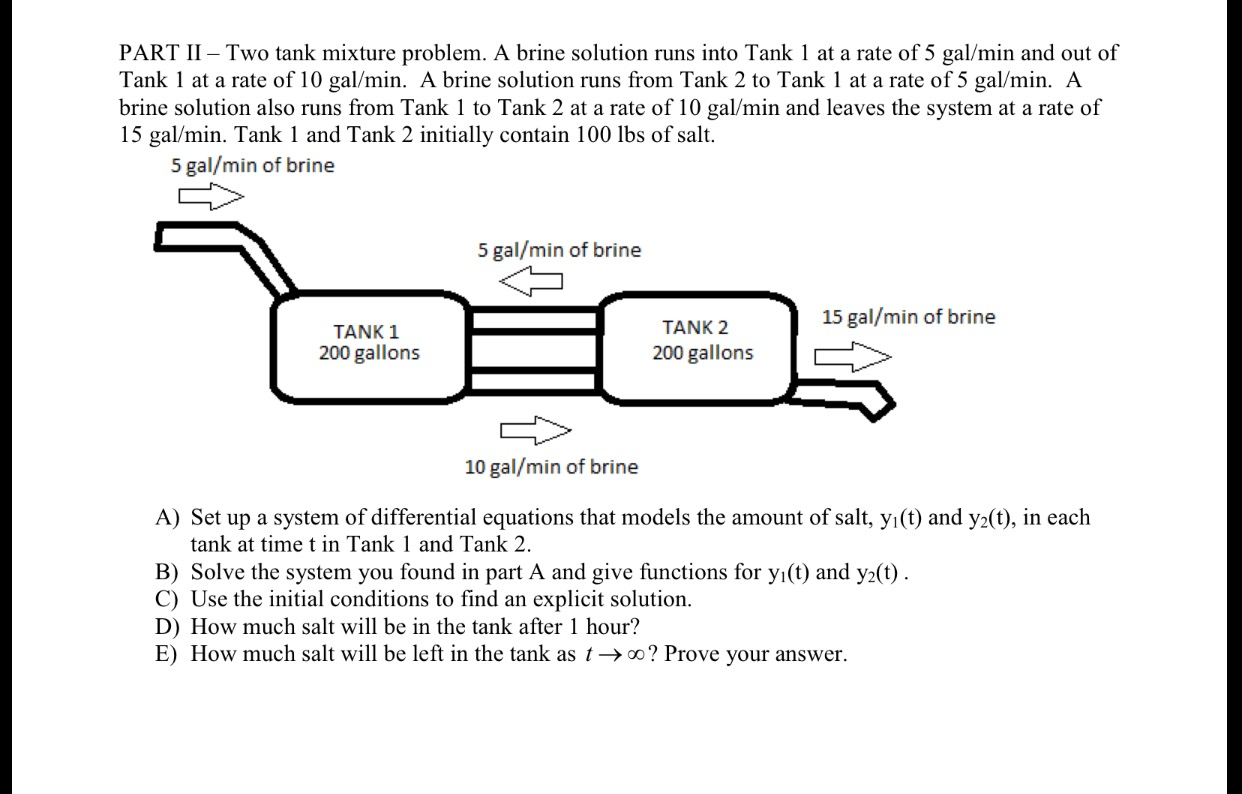 Solved PART II - Two tank mixture problem. A brine solution | Chegg.com