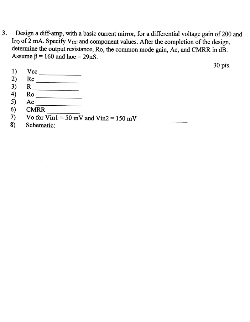 Solved Design a diff-amp, with a basic current mirror, for a | Chegg.com