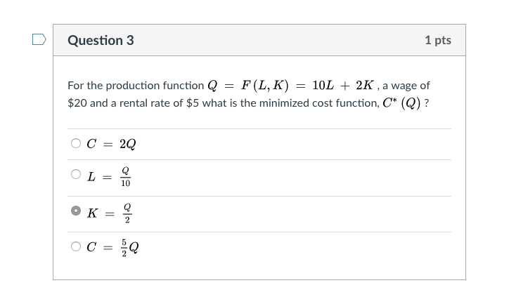 Solved D Question 3 1 pts For the production function Q = F | Chegg.com