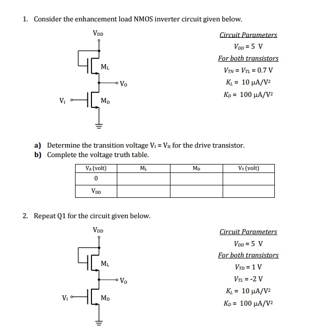 Solved Consider the enhancement load NMOS inverter circuit | Chegg.com