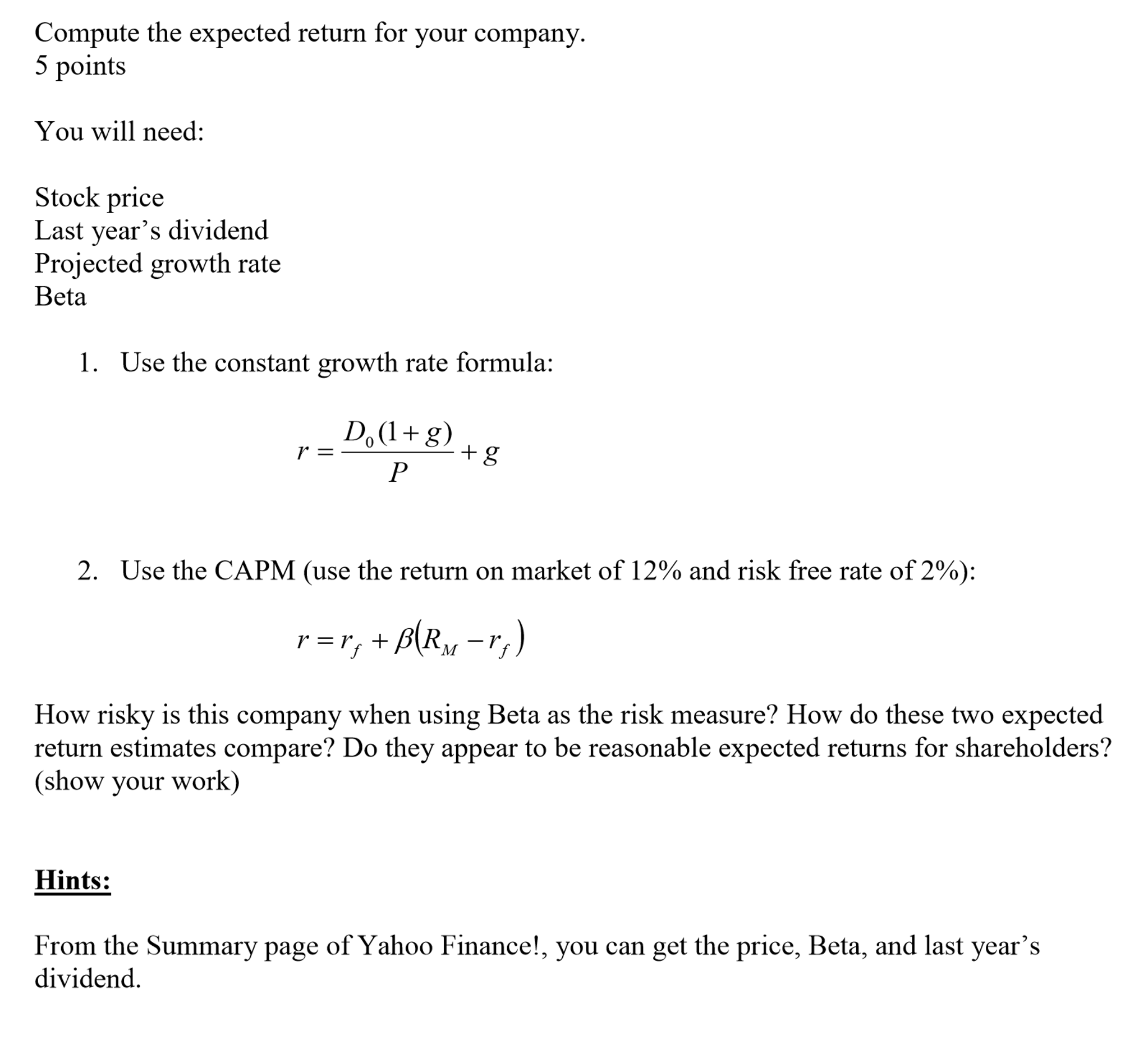 Solved Compute the expected return for your company 5 points | Chegg.com