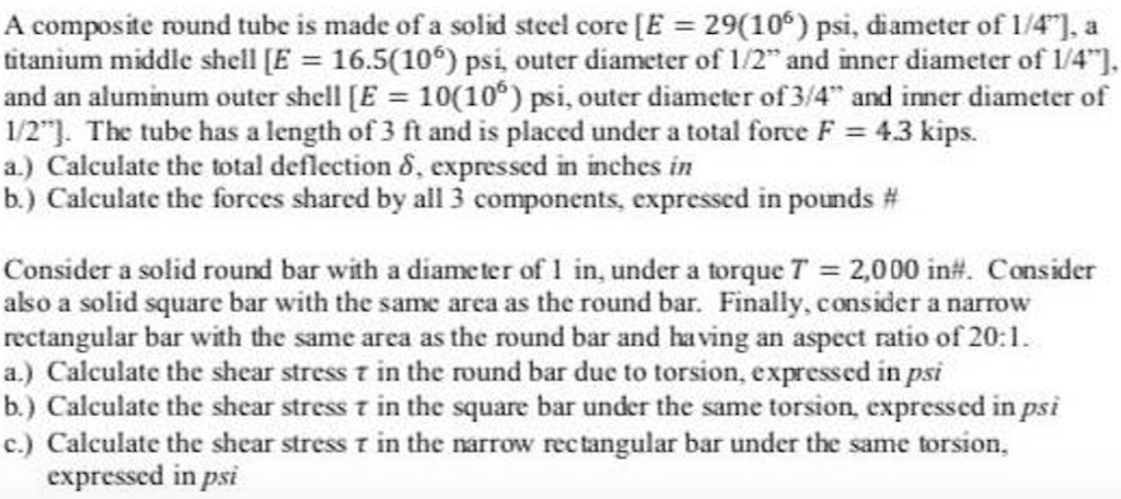 Solved A composite round tube is made of a solid steel core | Chegg.com