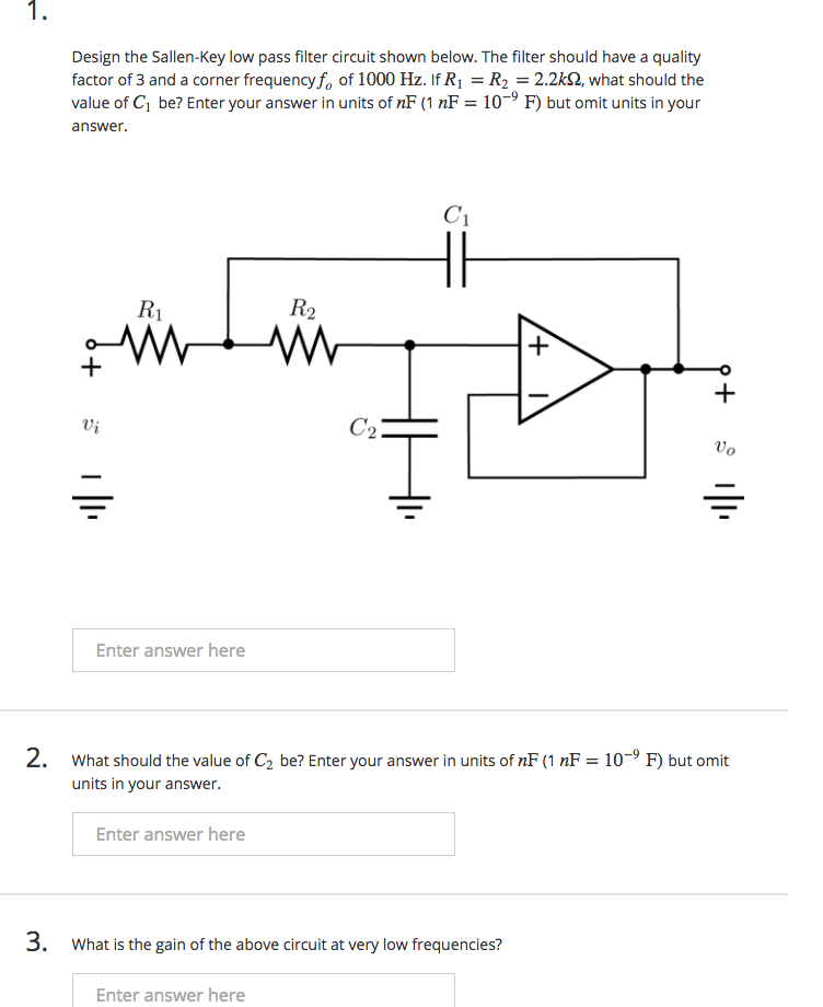 Solved Design the Sallen-Key low pass filter circuit shown | Chegg.com