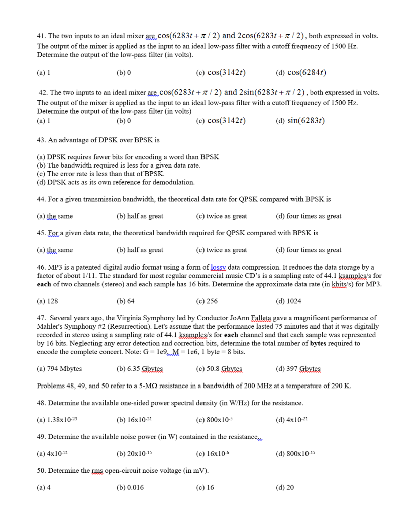 Solved 41. The two inputs to an ideal mixer arecos(6283t + π | Chegg.com