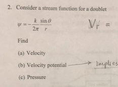 Solved 2. Consider a stream function for a doublet k sin θ | Chegg.com