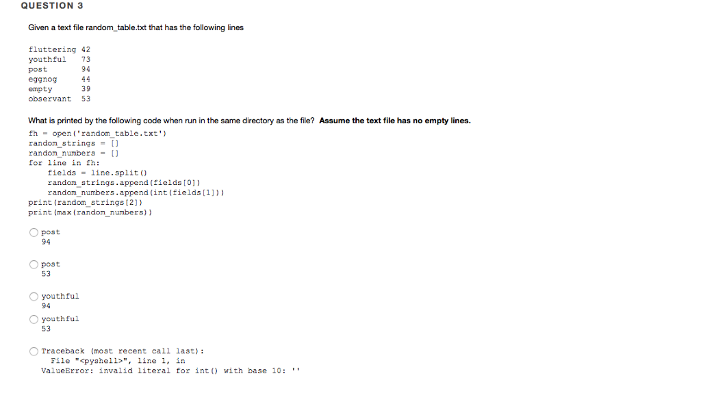 Solved QUESTION 3 Given a text file random table.txt that | Chegg.com
