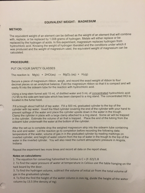 Solved lab: EQUIVALENT WEIGHT: MAGNESIUM procedure and | Chegg.com
