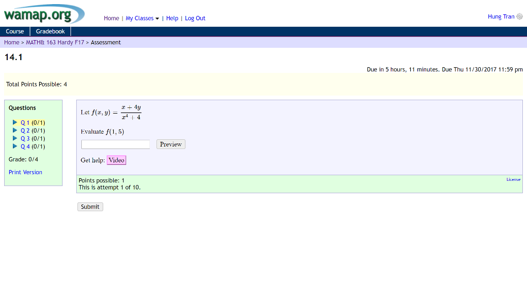 Solved wamap.rgHome I My Classes I Help I Log Out Hung Tran | Chegg.com
