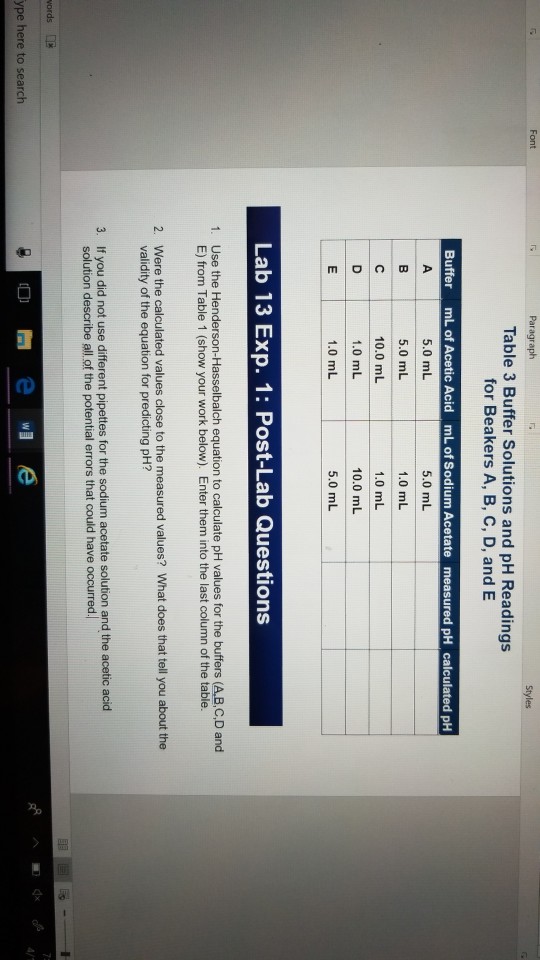 Paragraph Styles Table 3 Buffer Solutions and pH | Chegg.com